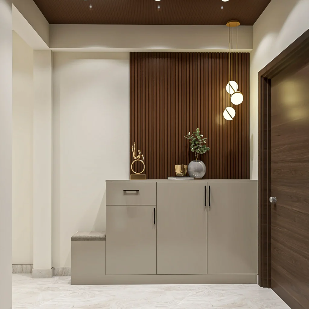 Modern Foyer Cabinet with Seating & Pendant Lights | Entryway Unit