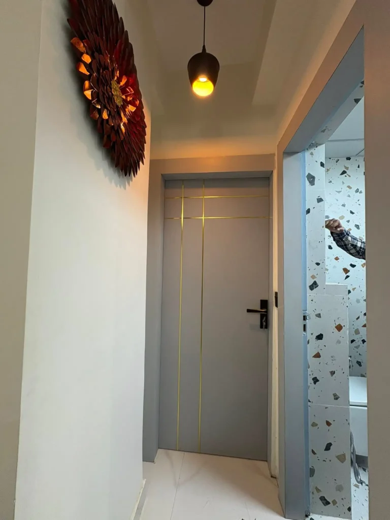 Minimalist Hallway with Grey Bedroom Door Design