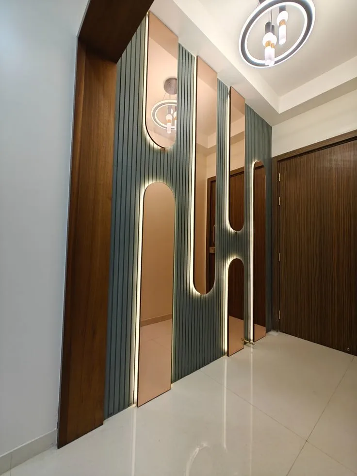Modern Entrance Wall Panelling with LED Lighting & Wooden Accents ...