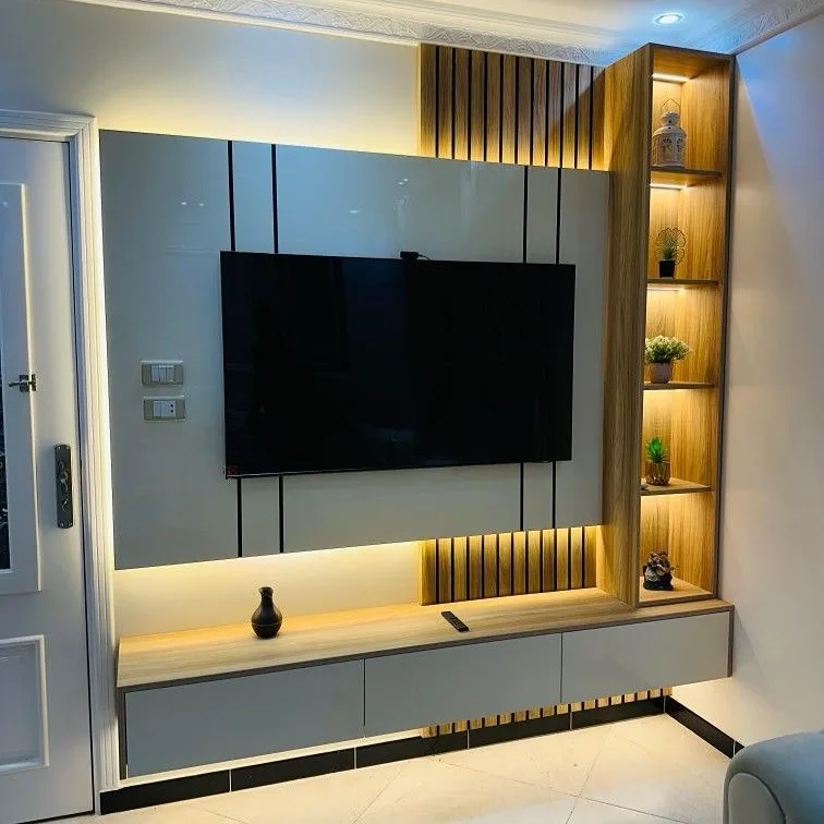 Modern TV Unit with Wooden Panels & LED Backlighting Stylish Living ...