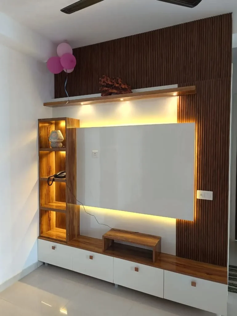 Modern TV Unit with Wooden Shelves and LED Backlighting Stylish Storage ...